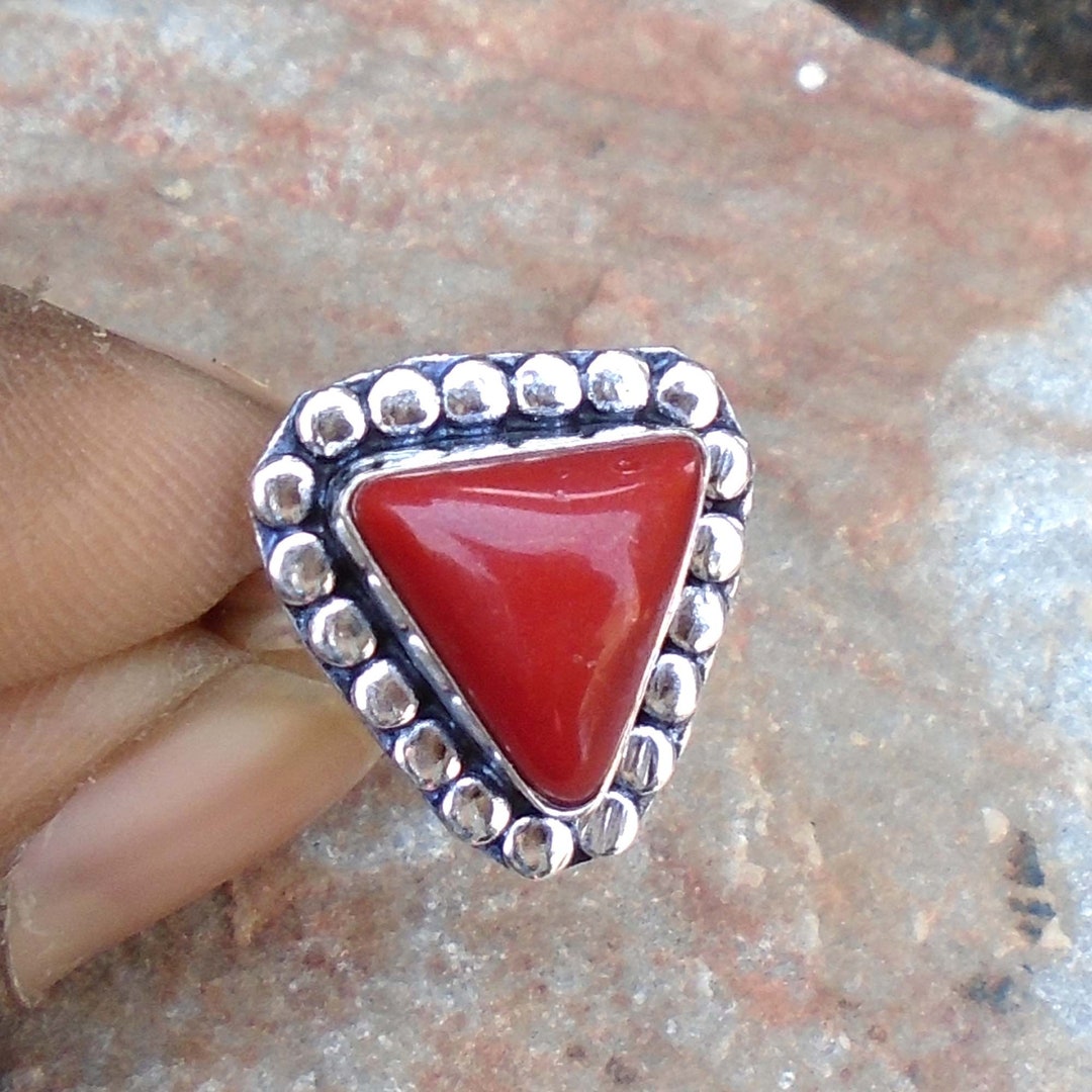 Beautiful Red Coral Ring, 925 Sterling Silver Ring Trillion Shape ...