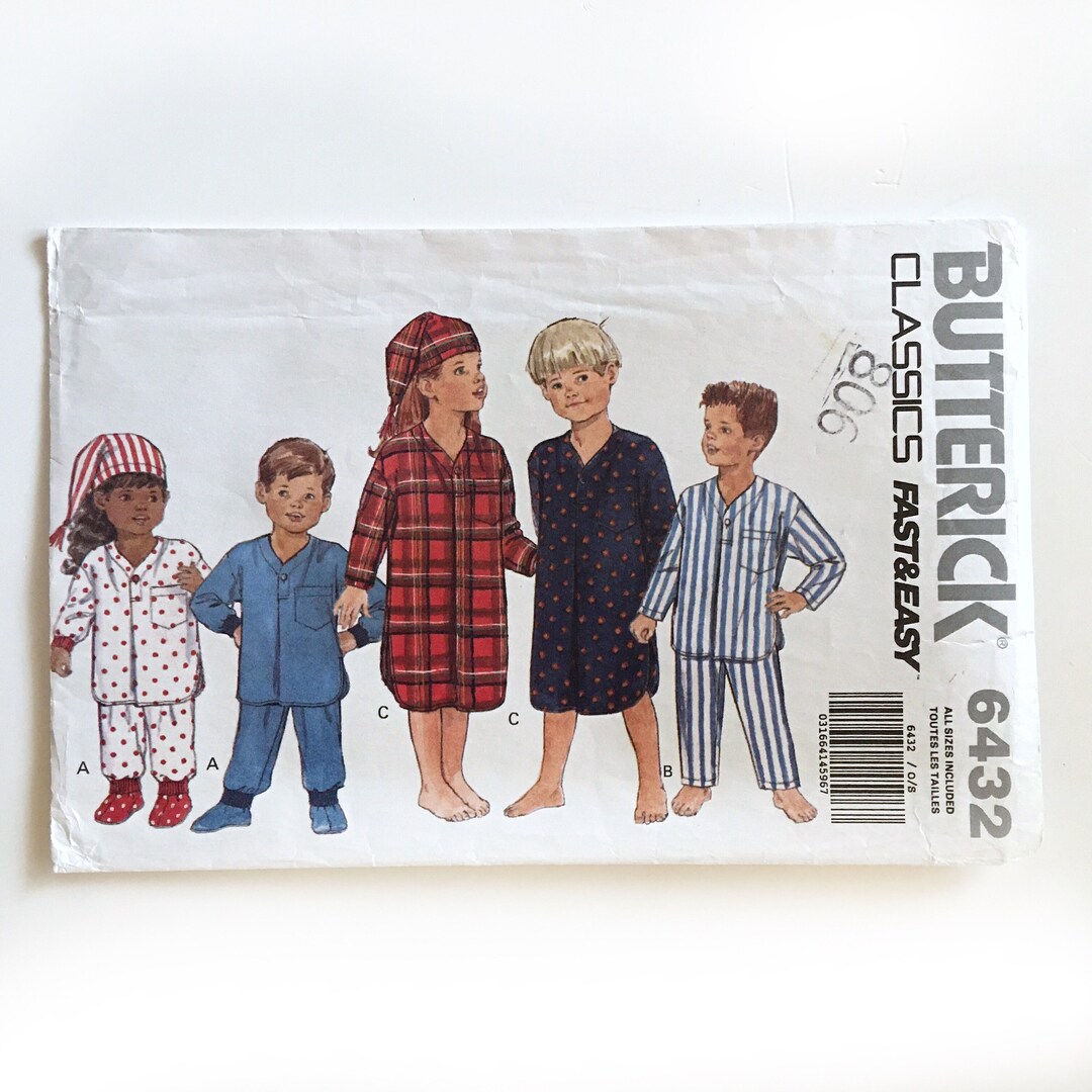 Butterick 6432 Childrens Pajamas Nightshirt Booties and Hat 2 3-4 5-6 ...