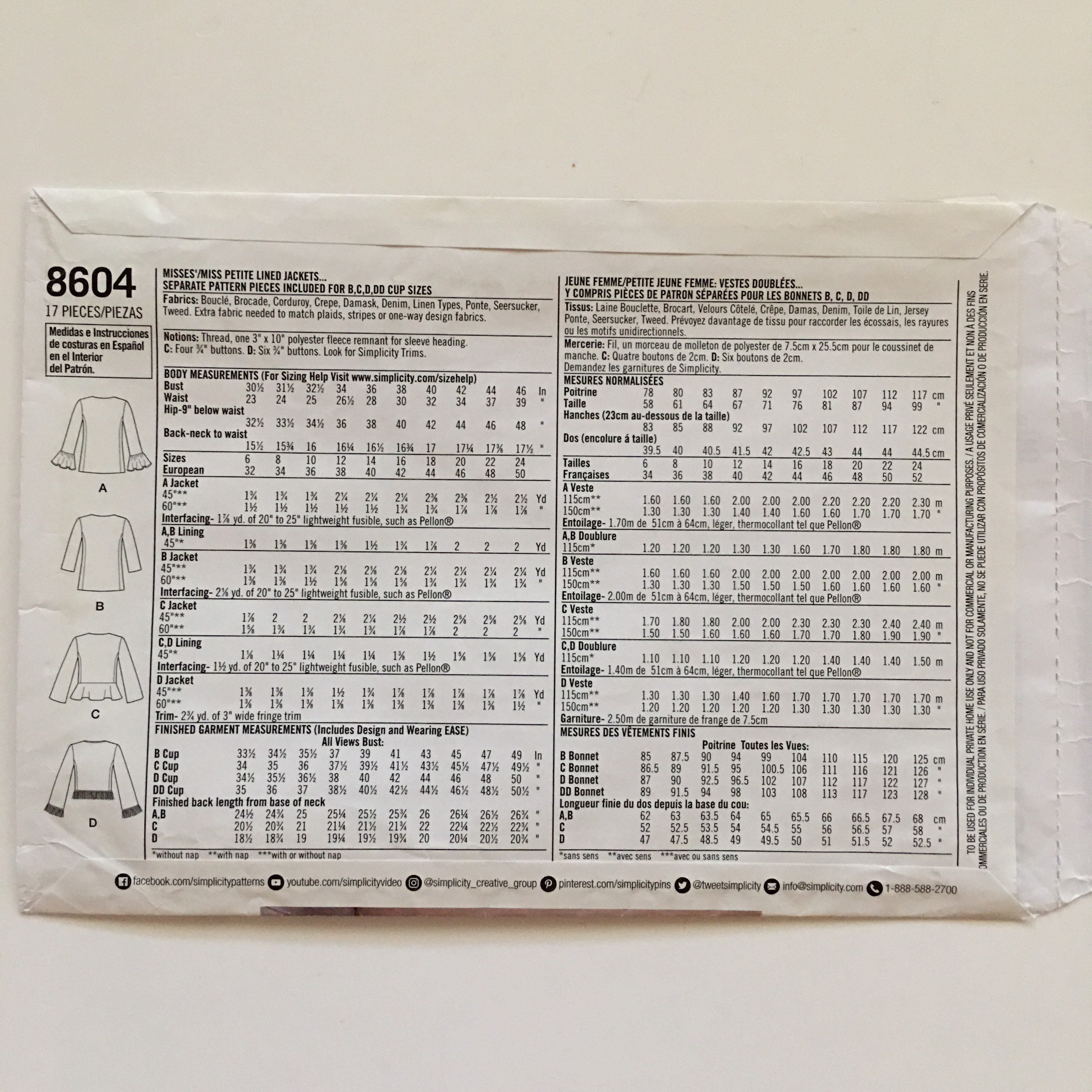 Simplicity 8604 Lined Collarless Jacket Bell Sleeves Peplum Misses 6-14 ...