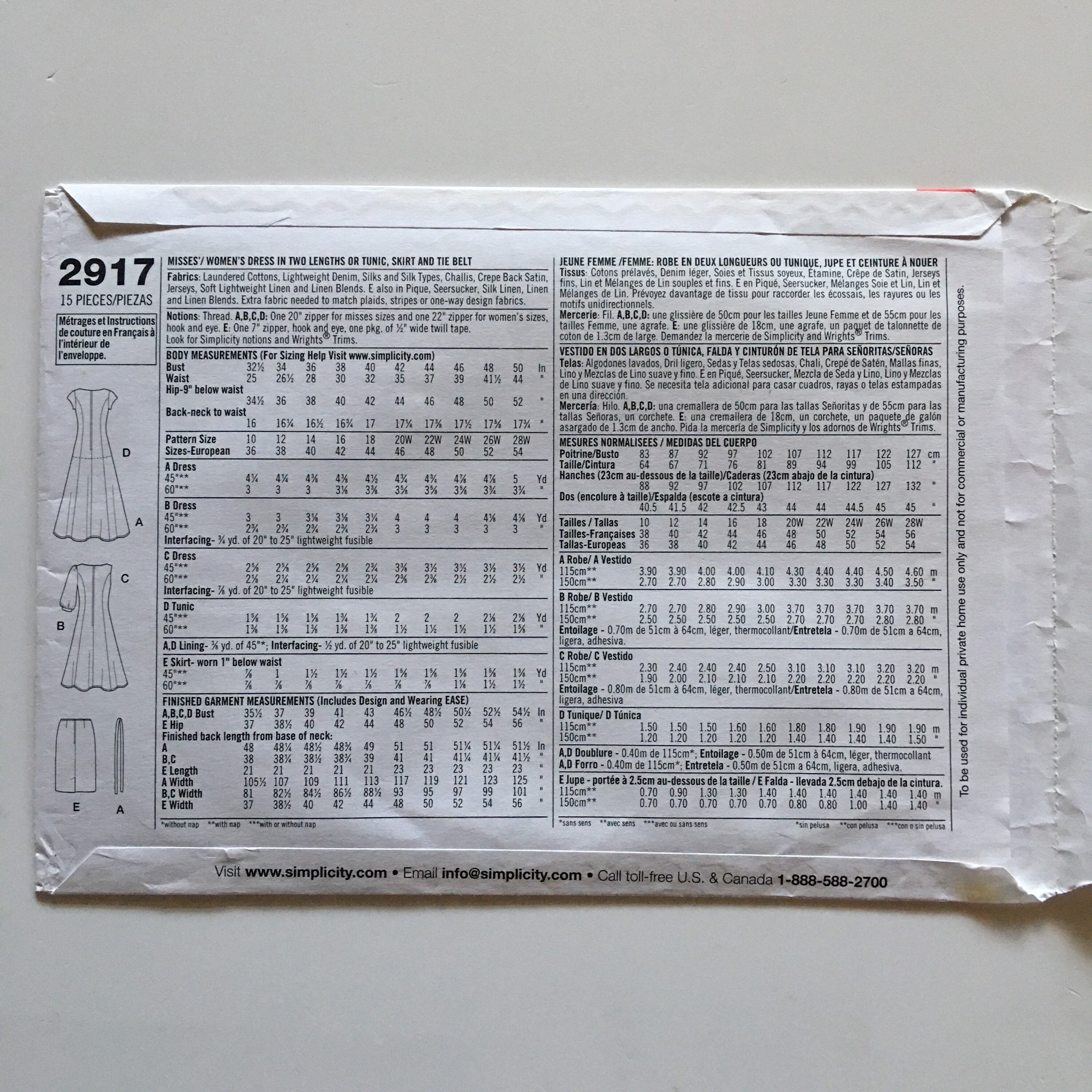 Simplicity 2917 Dress Tunic Skirt and Tie Belt 20W 22W 24W 26W 28W ...