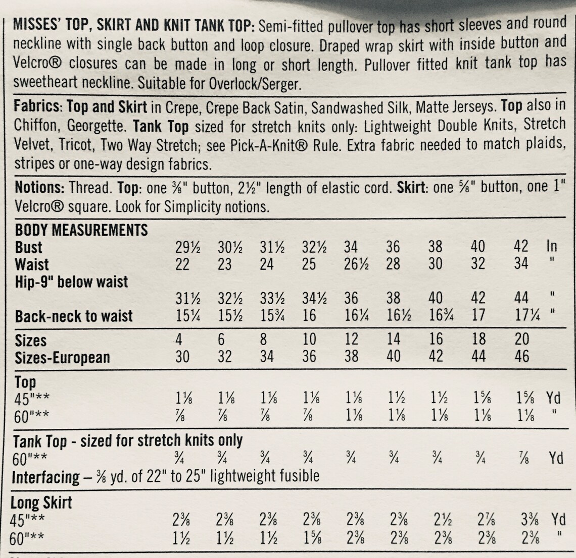 Simplicity 8545 Wrap Skirt in Two Lengths Sweetheart Neckline Tank Top ...