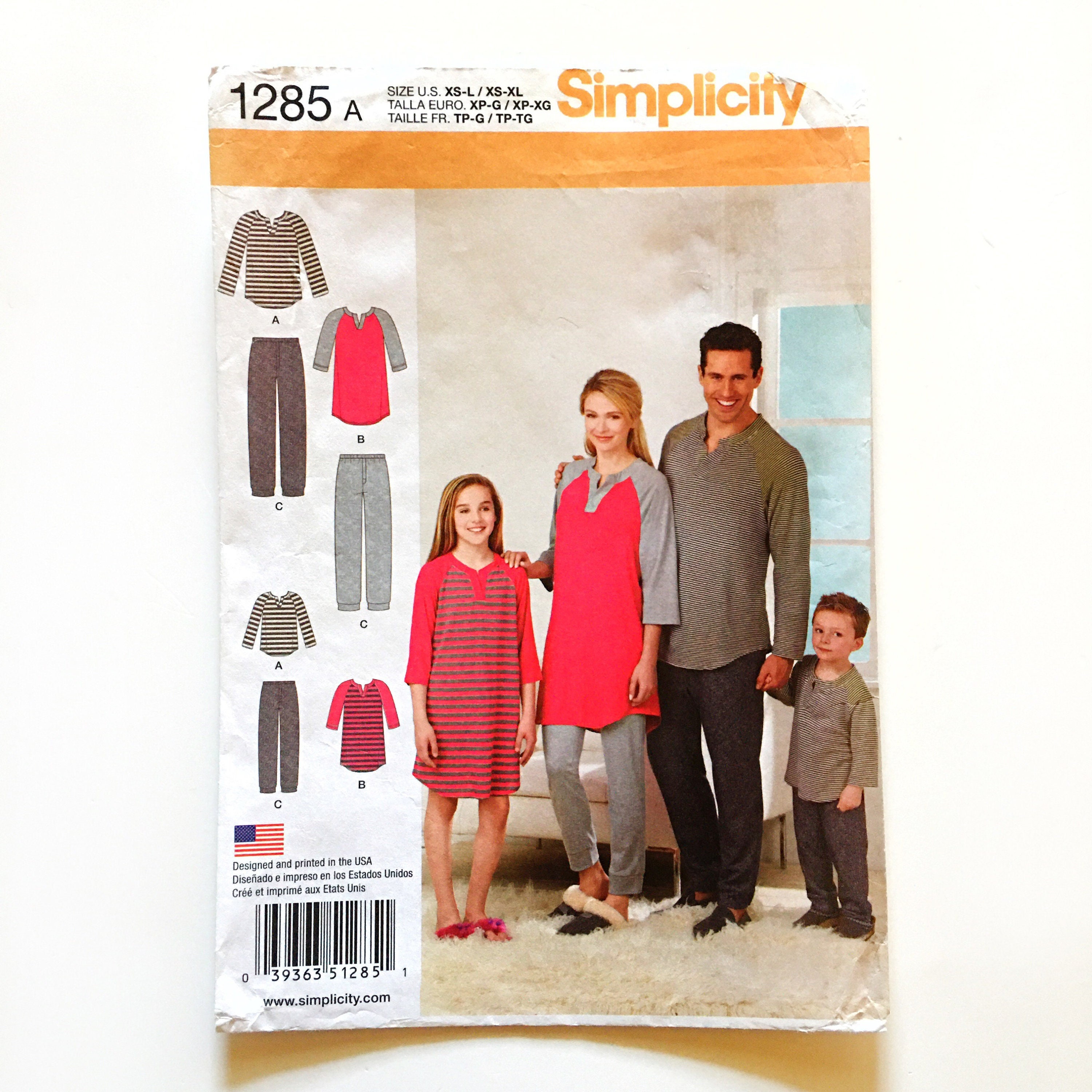 Simplicity 1285 Stretch Knit Family Pajamas Shirt Top Lounge Pants Nightgown XS S M L XL Uncut ...