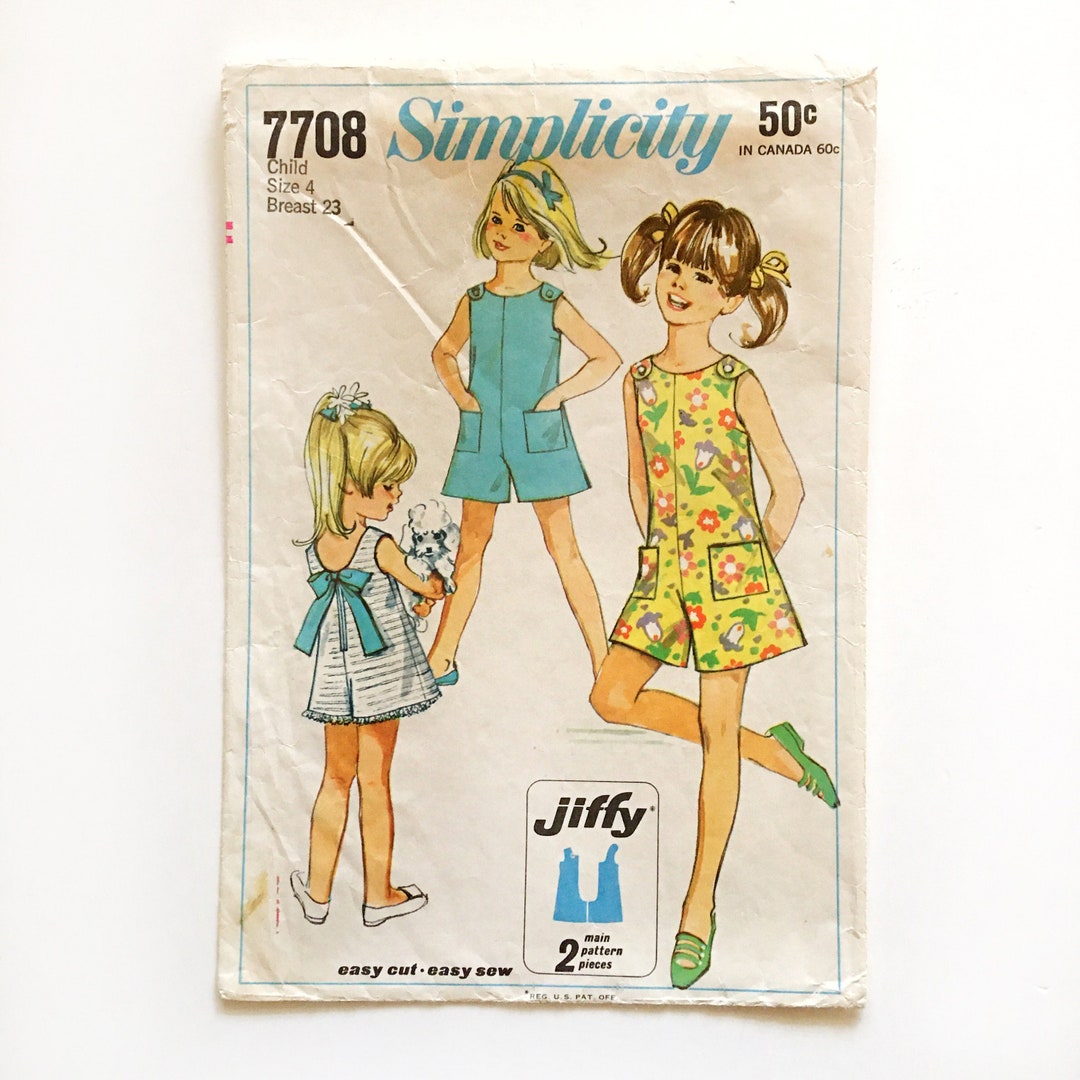 Simplicity 7708 Girls Shoulder Button Romper Playsuit Pantdress Size 4 ...