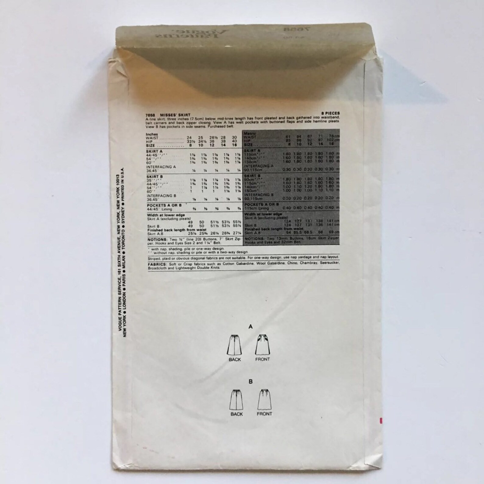 Vogue 7658 Misses A-line Skirt Size 16 Welt Pockets Pleats Uncut Sewing ...