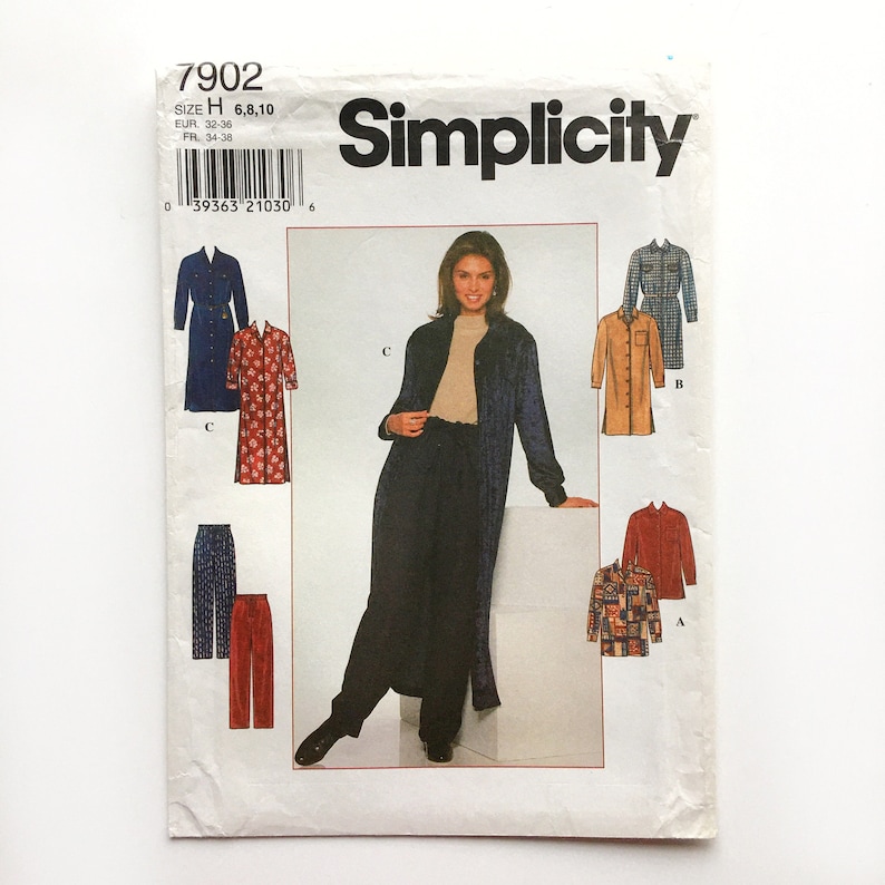 Simplicity 7902 Duster Shirtdress Tunic Pants Misses 6 8 10 Bust 30-32 ...