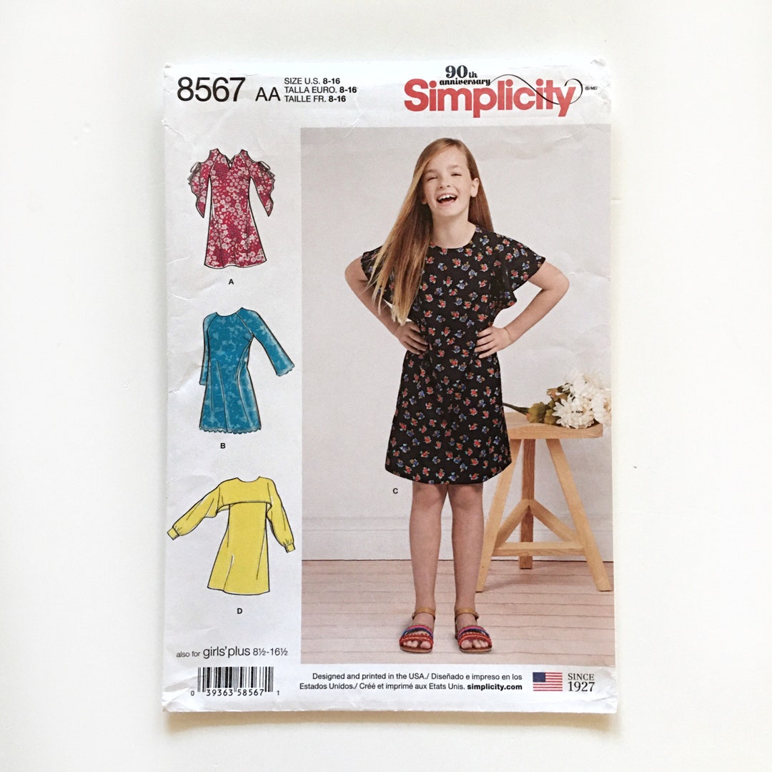 Simplicity 8567 Girls Dresses Flutter Sleeve Neckline Variations 8-16 ...
