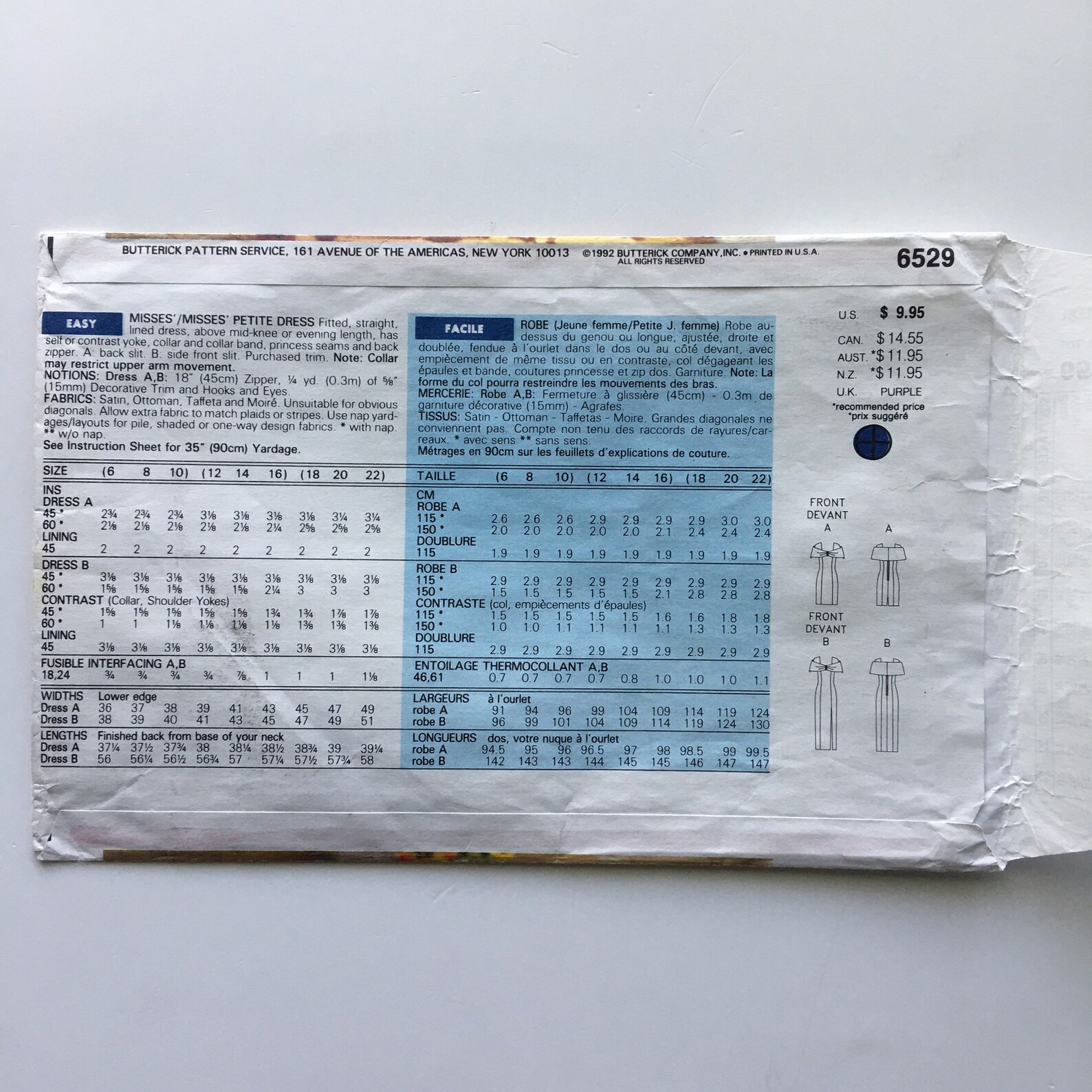 Butterick 6529 Fitted Straight Evening Gown Floor or Knee Length Misses ...