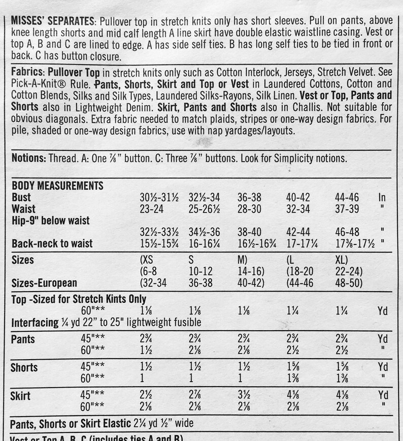 Simplicity 9444 Long Wrap Vest Side Ties Wide Leg Pants Pull on Shorts ...