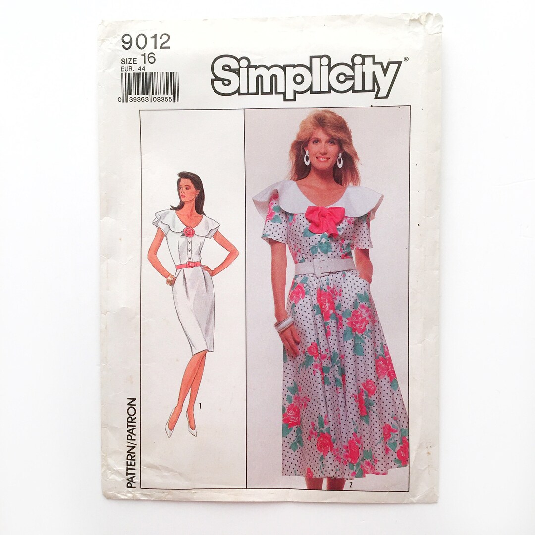 80's Simplicity 9012 Portrait Collar Dress Cap Sleeves Misses 16 Bust ...