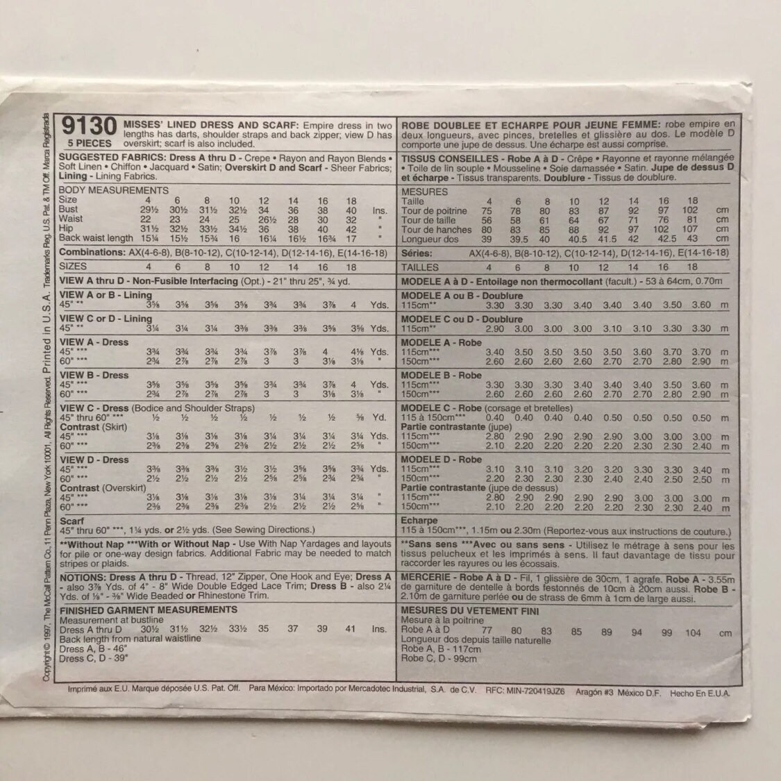 Mccalls 9130 Hi Lo Hem Strappy Dress and Scarf Misses 8-12 Uncut Sewing ...