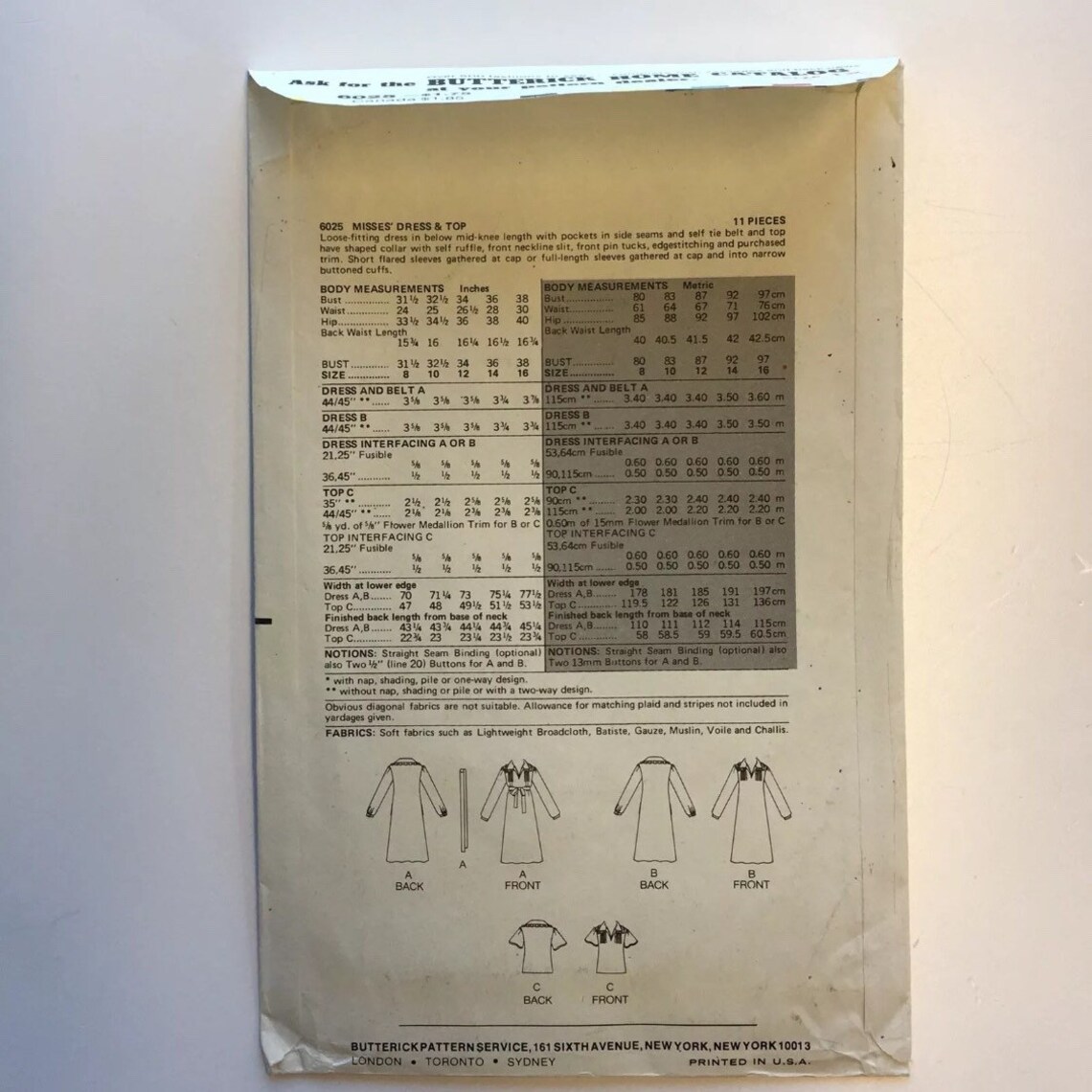 Butterick 6025 Boho Pullover Blouse Dress Pintucks Sash Misses Size 12 ...