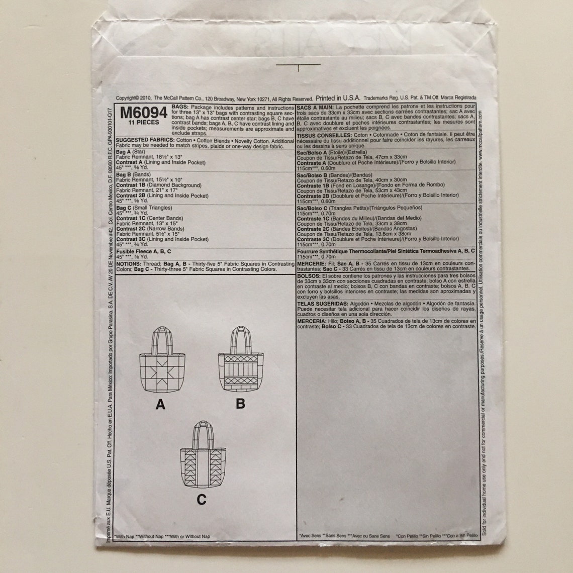 Mccall's 6094 Quilt Pattern Tote Bags Ohio Star Flying Geese Uncut ...