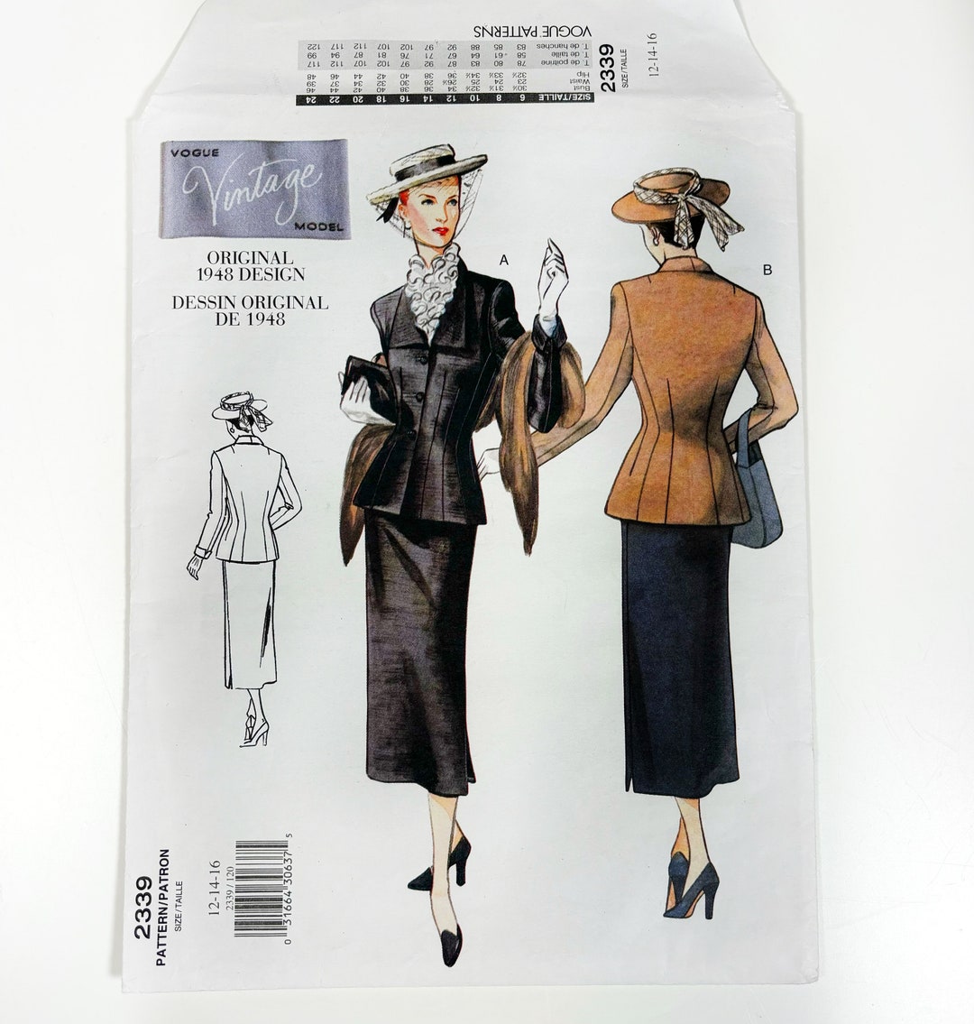 Vogue 2339 Vintage 1940's Hip Length Jacket and Midi Skirt Misses 12 14 ...