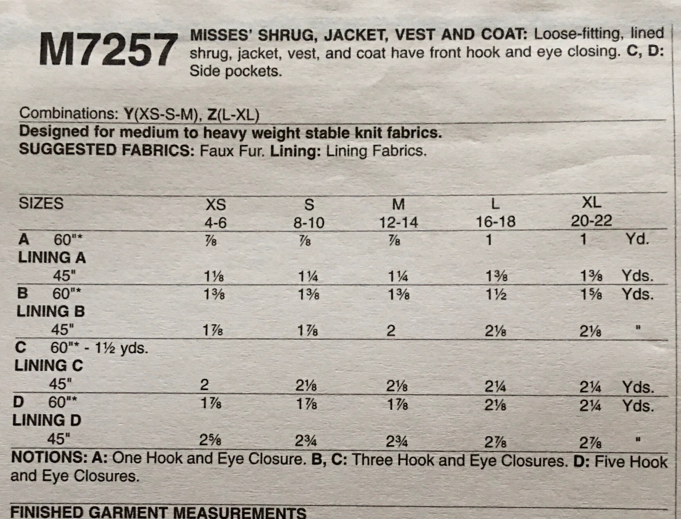 Mccall's 7257 Fur Shrug, Jacket, Vest and Coat Hooded Lined With ...