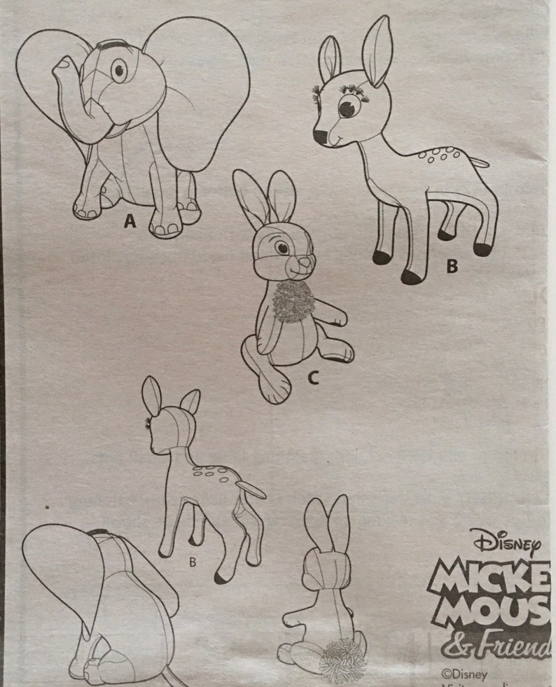 Simplicity 8542 Vintage Dumbo Bambi Thumper Disney Stuffed Animals ...