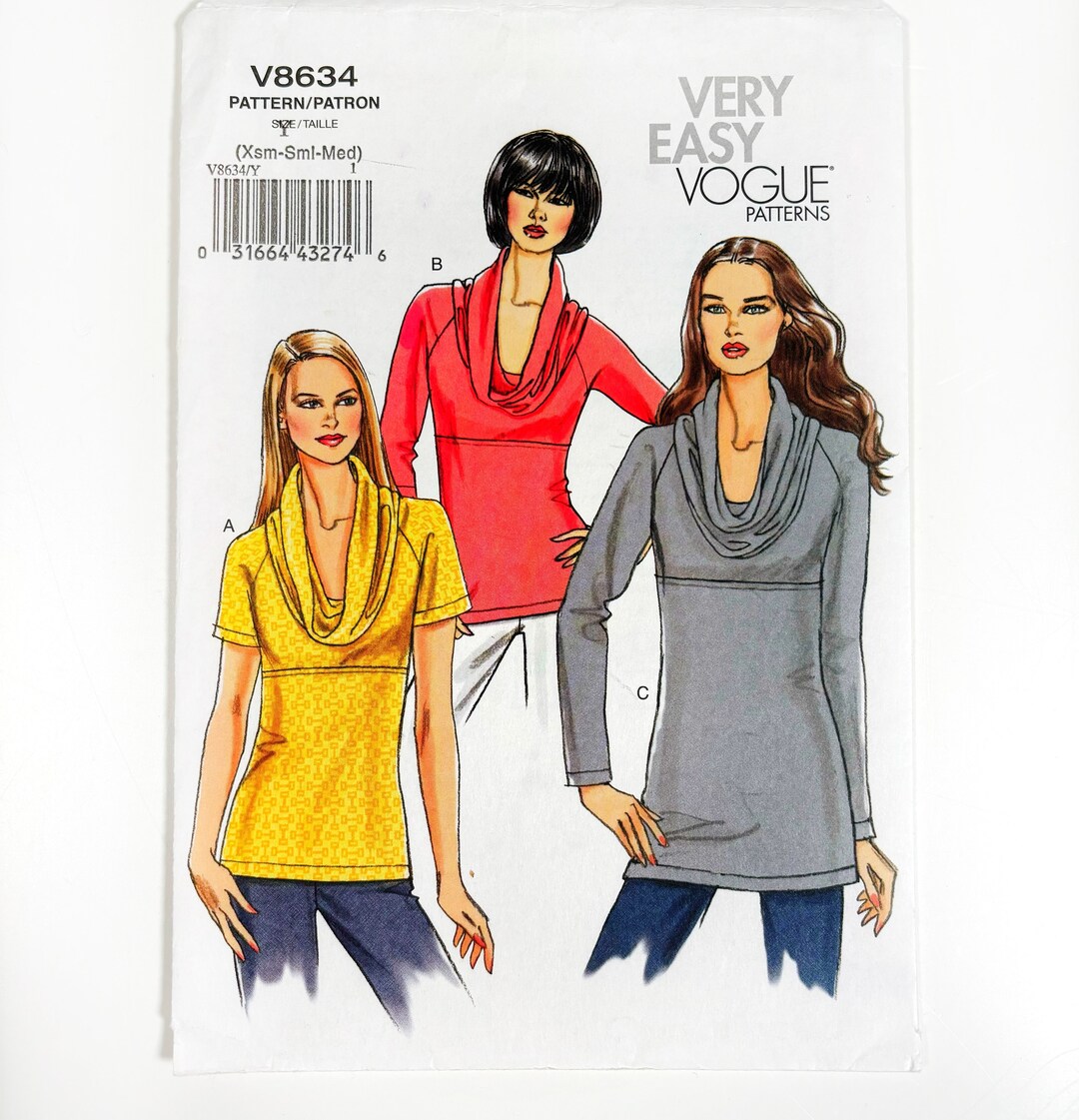 Vogue 8634 Cowl Neck Tops Sleeve and Length Variations Misses 4-14 Bust ...