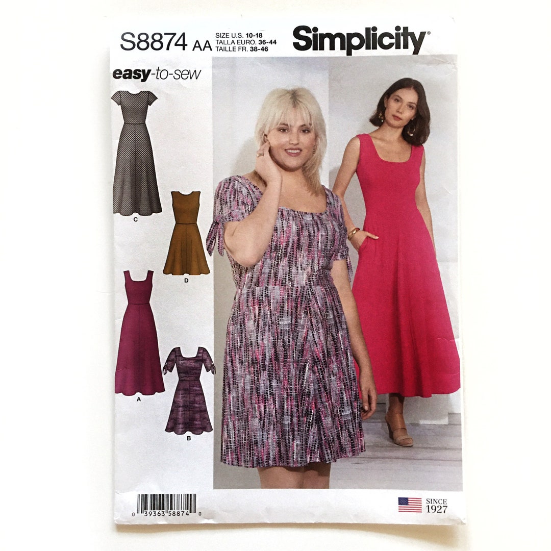 Simplicity 8874 Easy to Sew Knit Dress Square Neckline Tied Sleeves Sleeveless Two Lengths ...