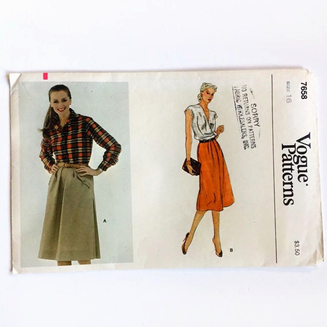 Vogue 7658 Misses A-line Skirt Size 16 Welt Pockets Pleats Uncut Sewing ...