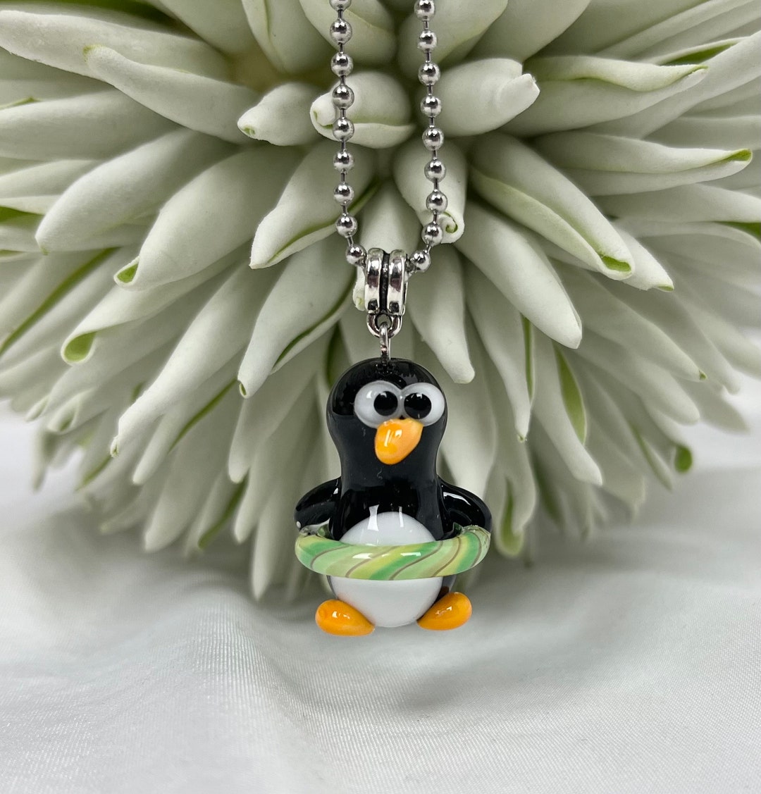 Penguin With Swimming Rings - Chain Pendant Lampwork Glass Bead ...