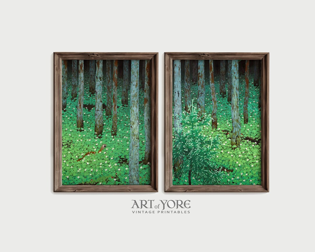 Japanese Forest Print Set Lush Green Sunny Forest Matching Paintings ...