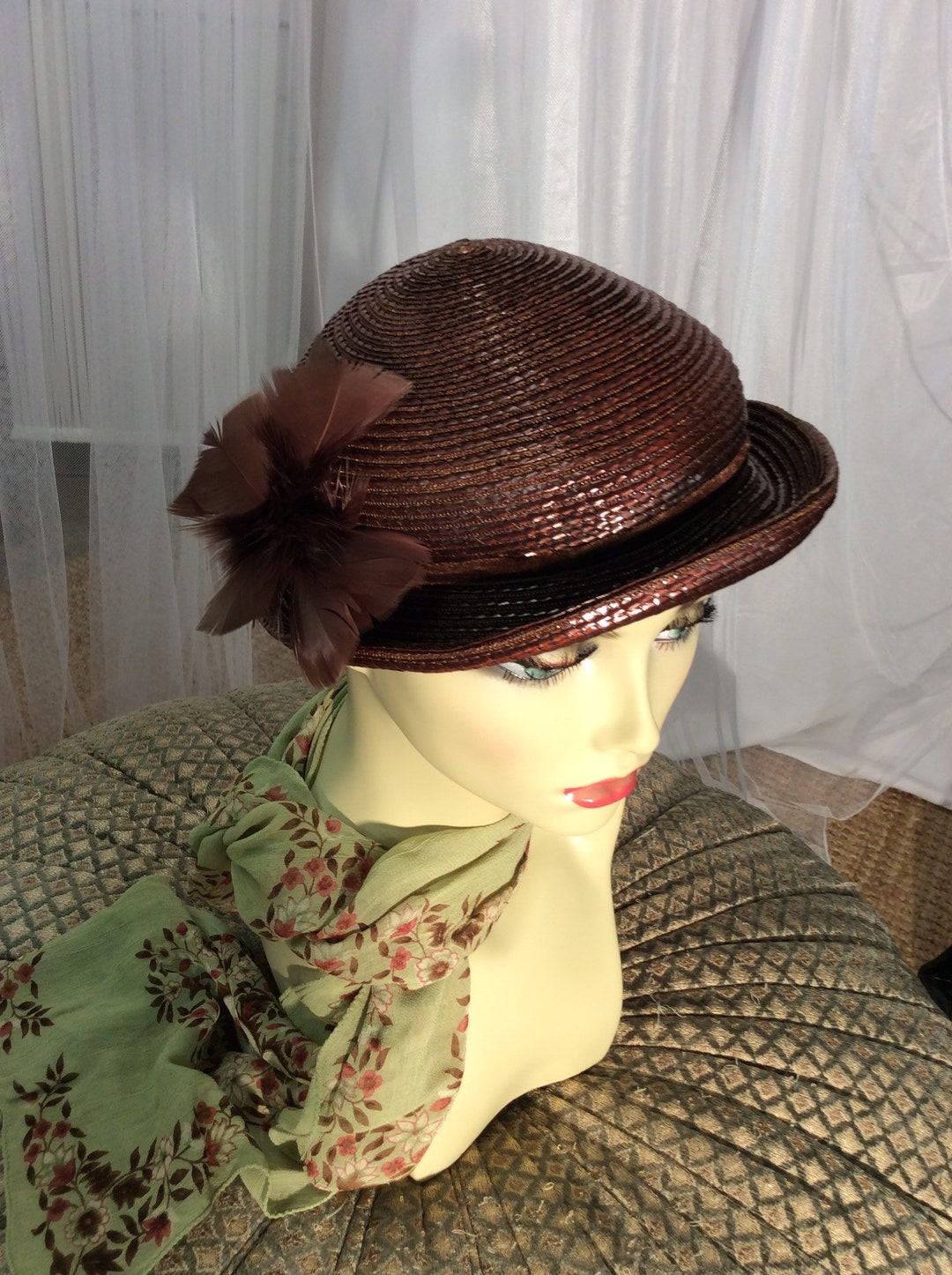 Vintage Chumley of Portland, Oregon, Brown Straw Tilt Hat With Feathers ...