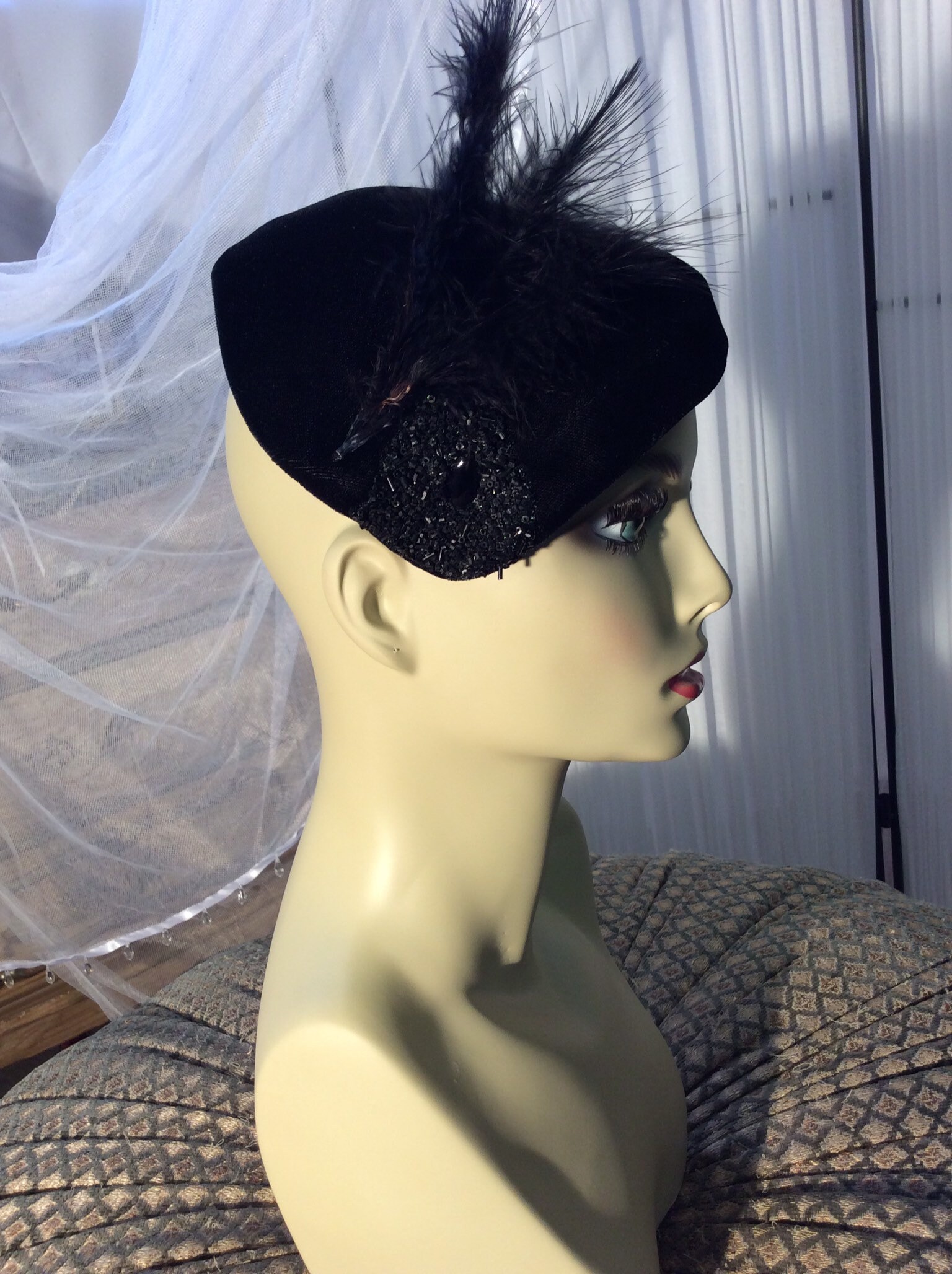 Vintage Black Rayon Velvet Juliette Style Hat With Beading - Etsy