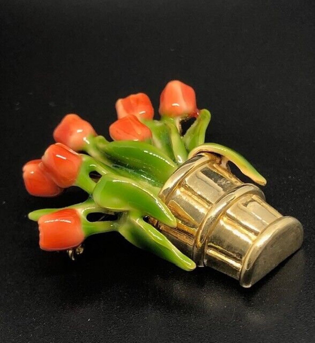 Vintage Flower Brooch Pin Tulip Spring Blooming Orange Enamel Gold Tone ...