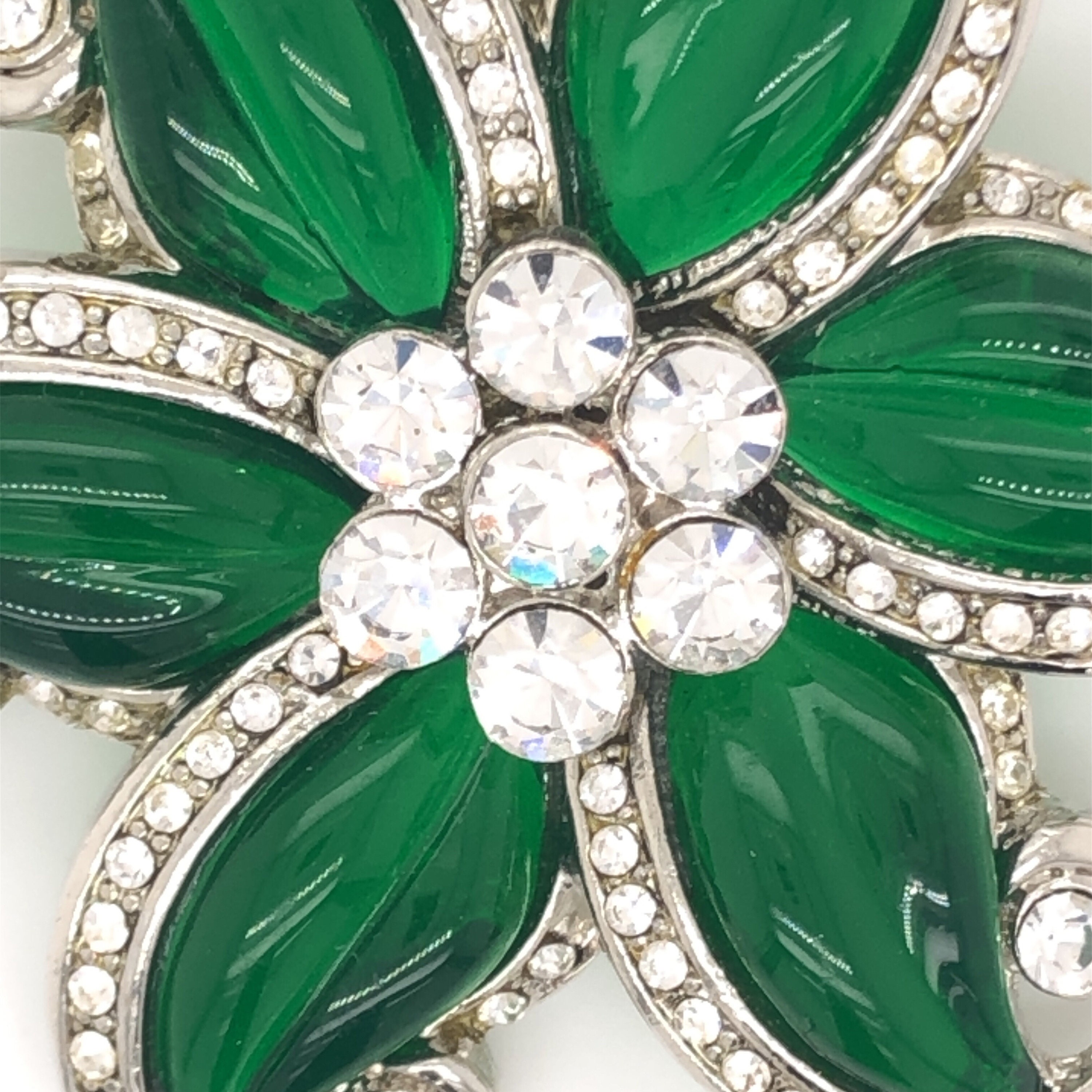 Vintage Green Carved Glass And Rhinestone Crystal Brooch Etsy