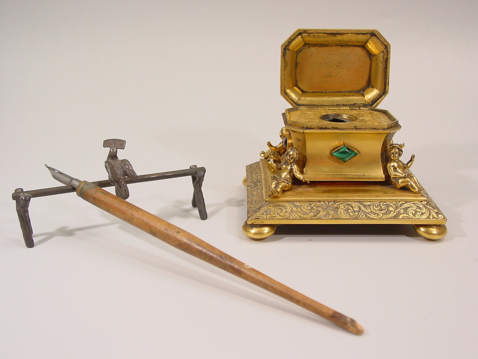 ANTIQUE BAROQUE INKSTAND - Silver Case Gilded - Figural Inkwell With ...