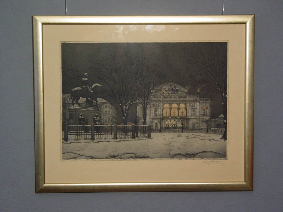 A.F. WILLUMSEN Original Winter Etching the Royal Theater in Copenhagen ...