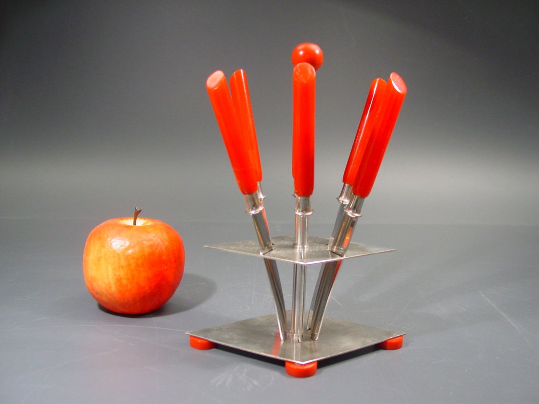 ART DECO Rare Fruit Knife Set Red BAKELITE Silver Solingen Cutlery ...