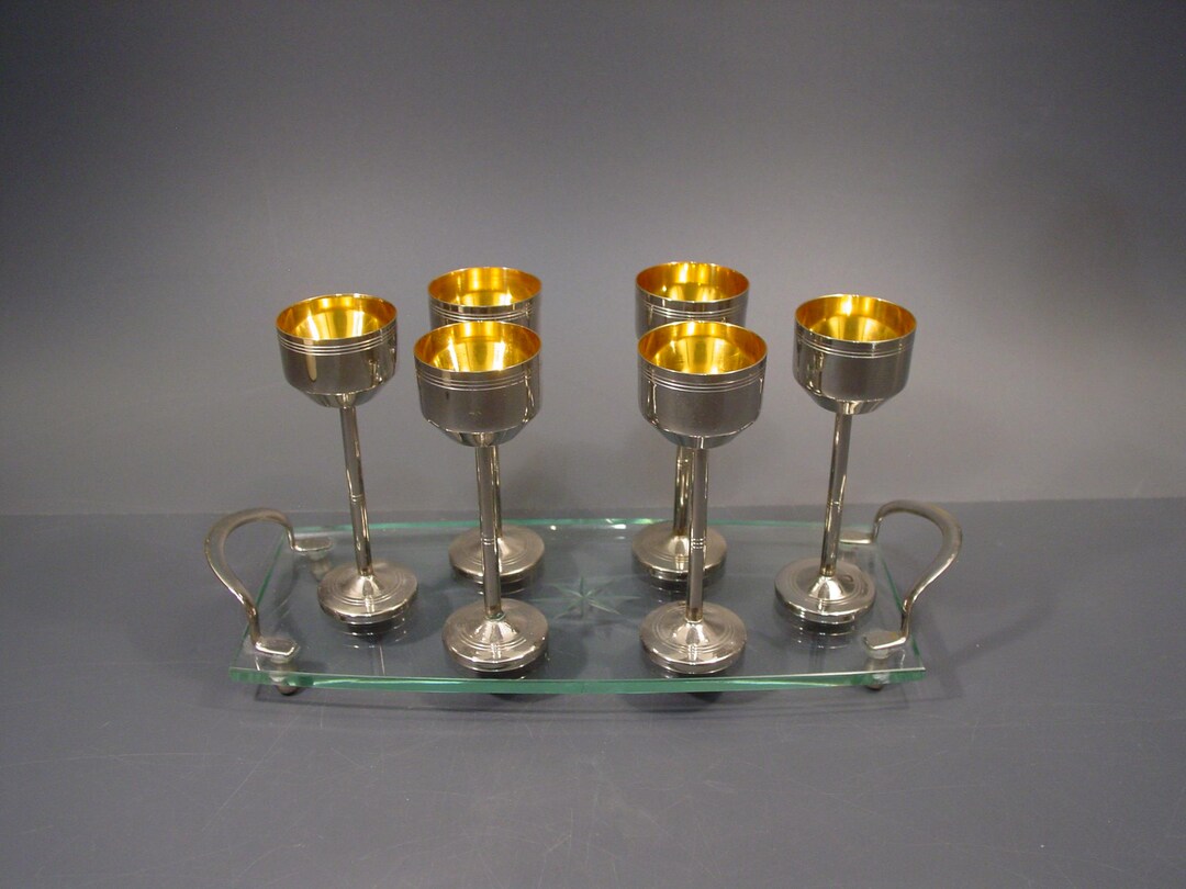 JUGENDSTIL 6 Schnapps Glasses Liqueur Cups - 6 Vintage Long Stemmed ...