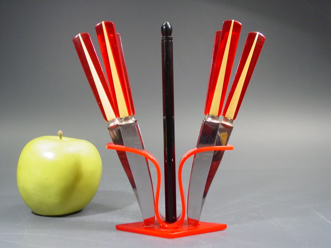 ART DECO Cherry Red BAKELITE Lucite Black Fruit Knives Set ...