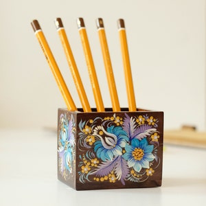 Wooden Pencil Holder, Unique Pencil Cup, Blue Flower Desk Organizer ...