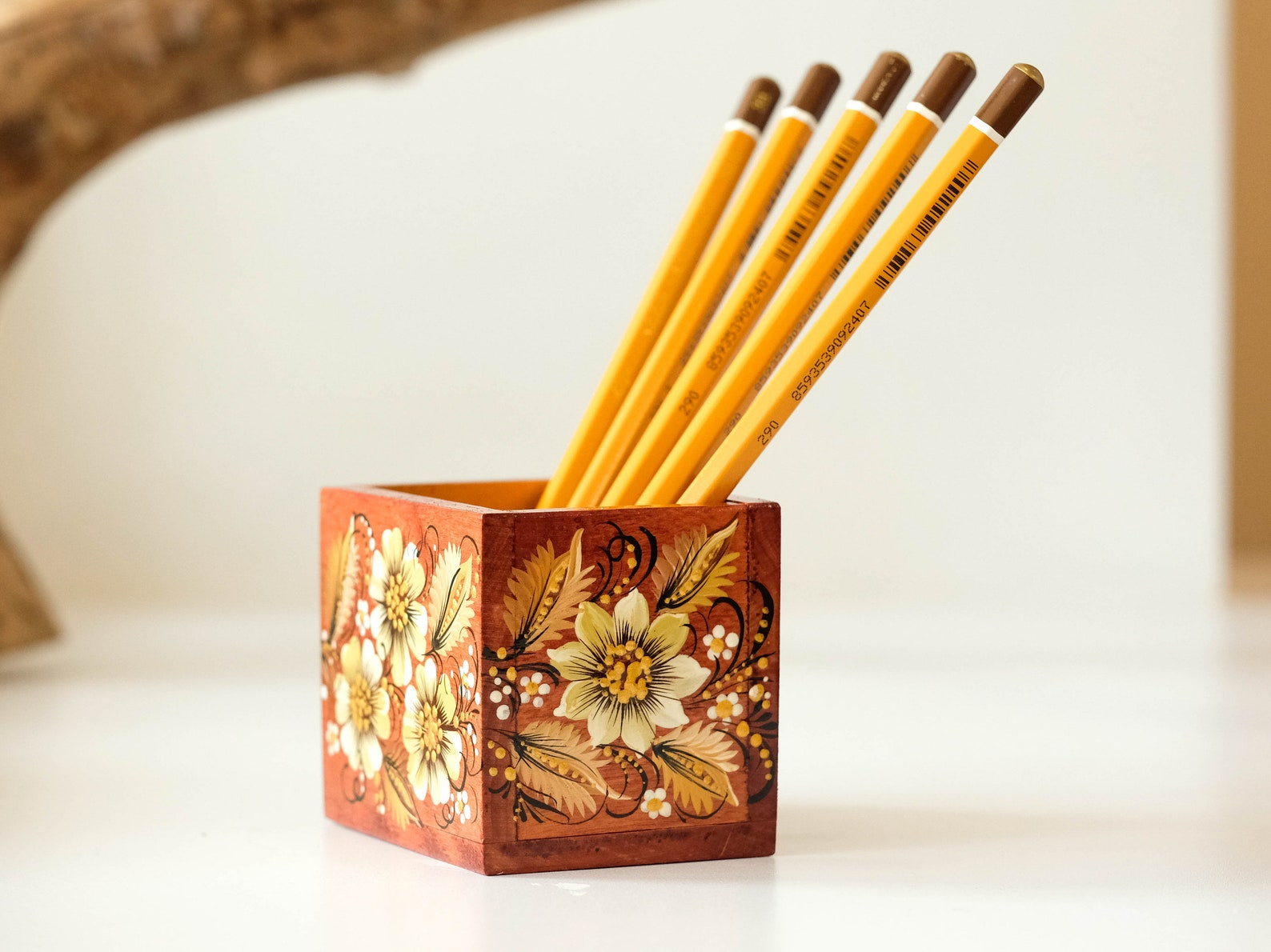 Wooden pencil holder Unique pencil cup White flower desk | Etsy