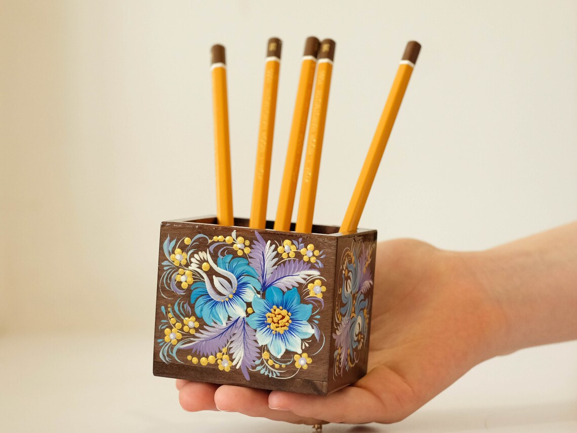 Wooden pencil holder Unique pencil cup Blue flower desk | Etsy