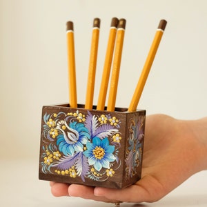 Wooden Pencil Holder, Unique Pencil Cup, Blue Flower Desk Organizer ...