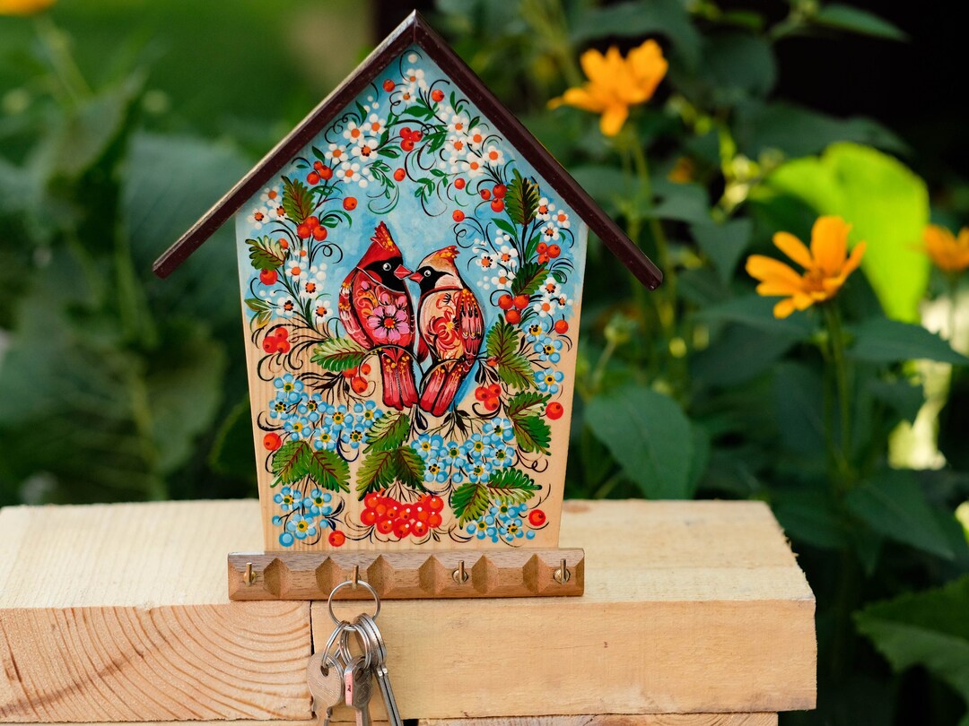 Key Holder for Wall With Cardinal Couple, Hand-painted Wooden Cardinal ...