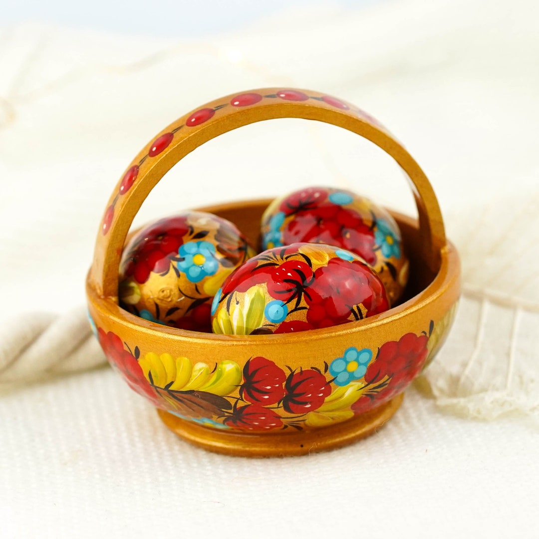 Wooden Easter Basket With Mini Eggs, Painted Small Petrykivka Eggs, Red ...