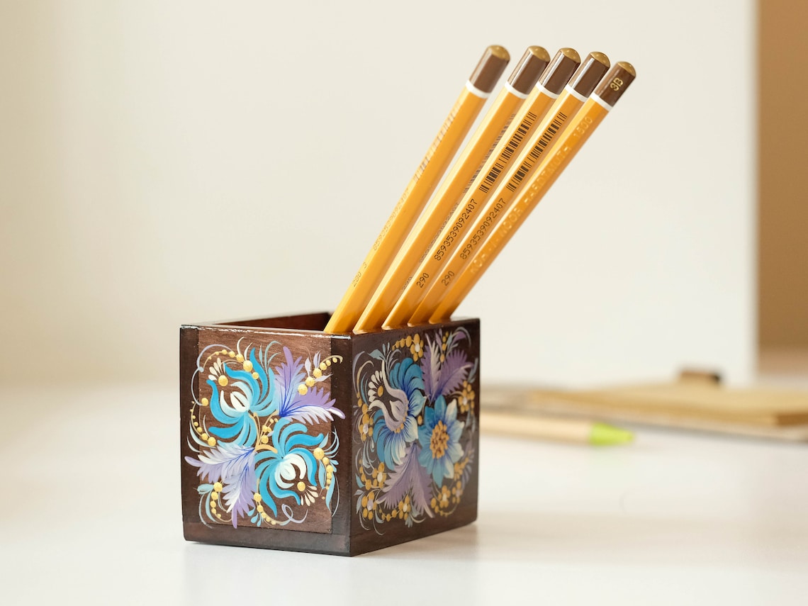Wooden pencil holder Unique pencil cup Blue flower desk | Etsy