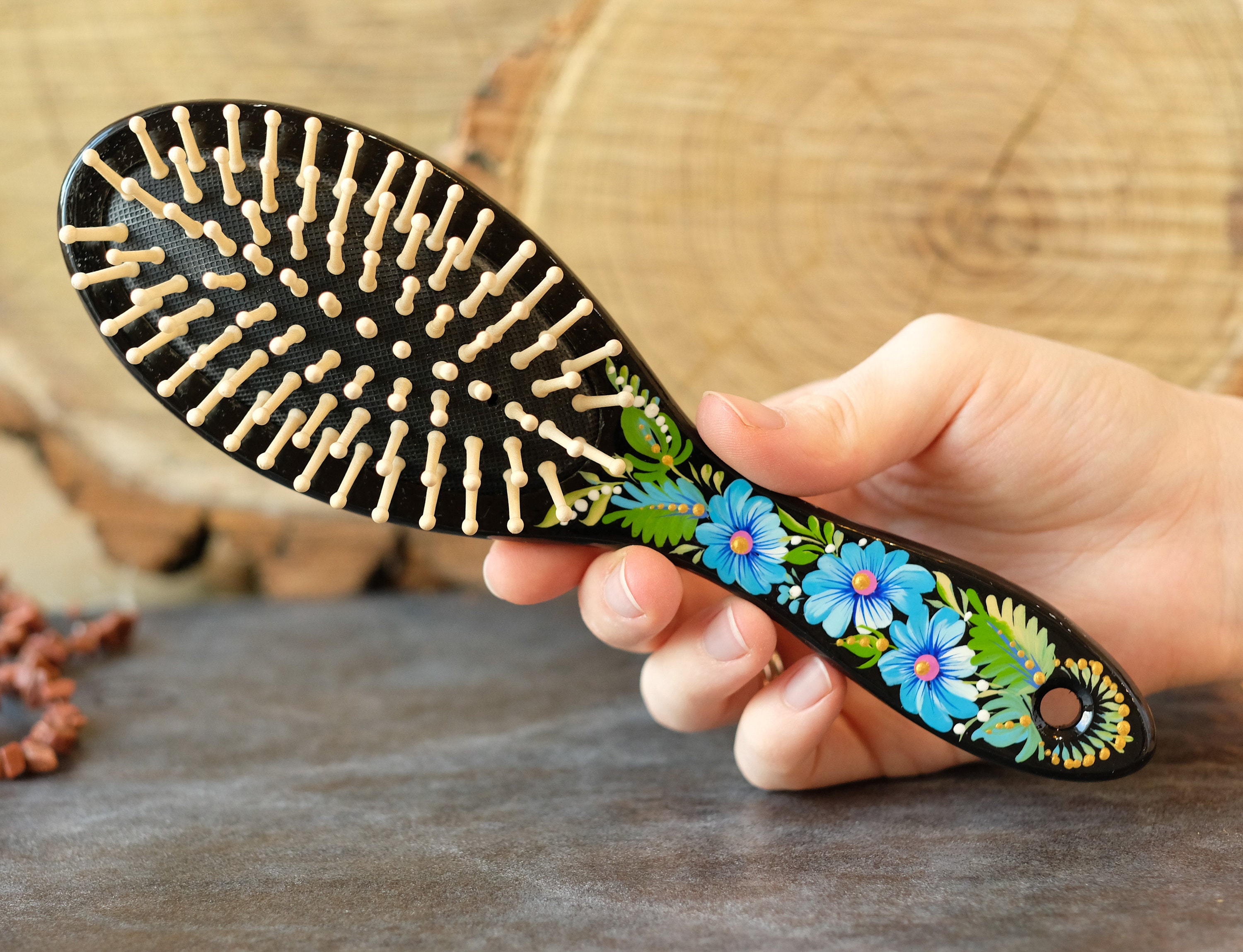 Wooden Hair Brush, Tree of Life Hair Brush, Wooden Bristle Brush, Fairy ...