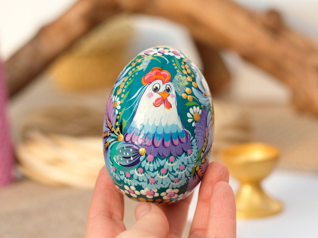Ukrainian Goose Easter Egg With Painted Rooster, Wooden Decorative Egg ...