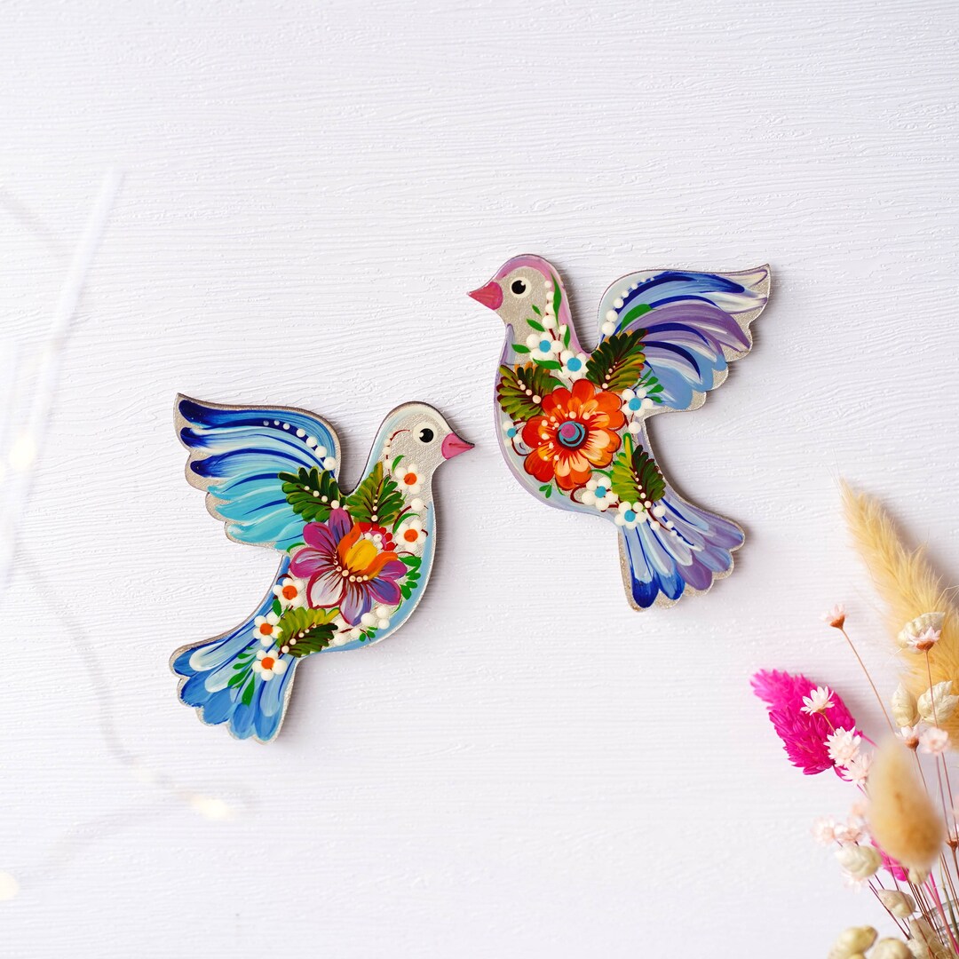 Set of 2 Painted Wooden Fridge Magnets, Personalized Petrykivka Painted ...