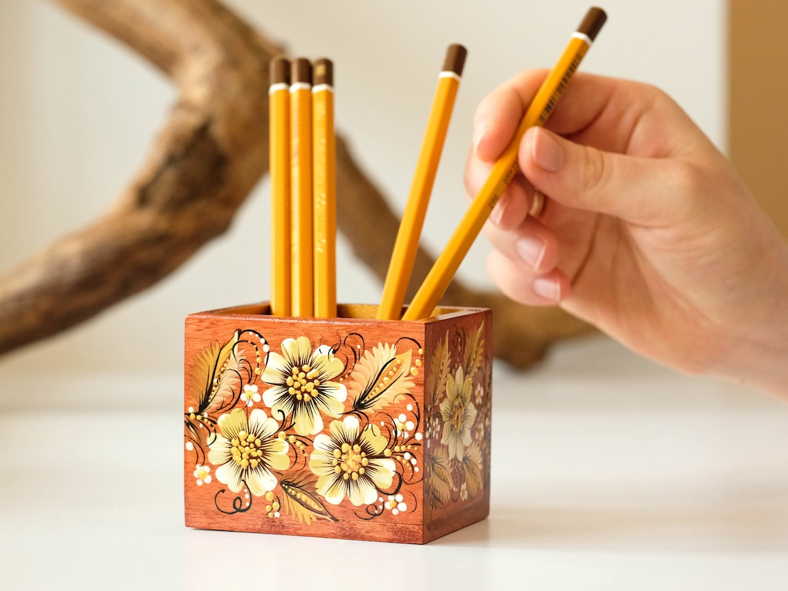 Wooden pencil holder Unique pencil cup White flower desk | Etsy