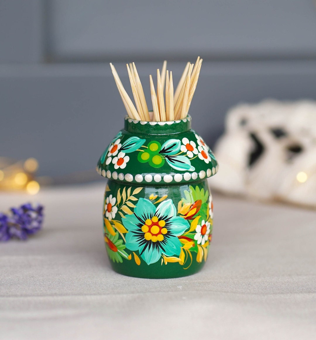 Toothpick Holder - Hand-painted Wooden Emerald Green Flower Toothpick ...