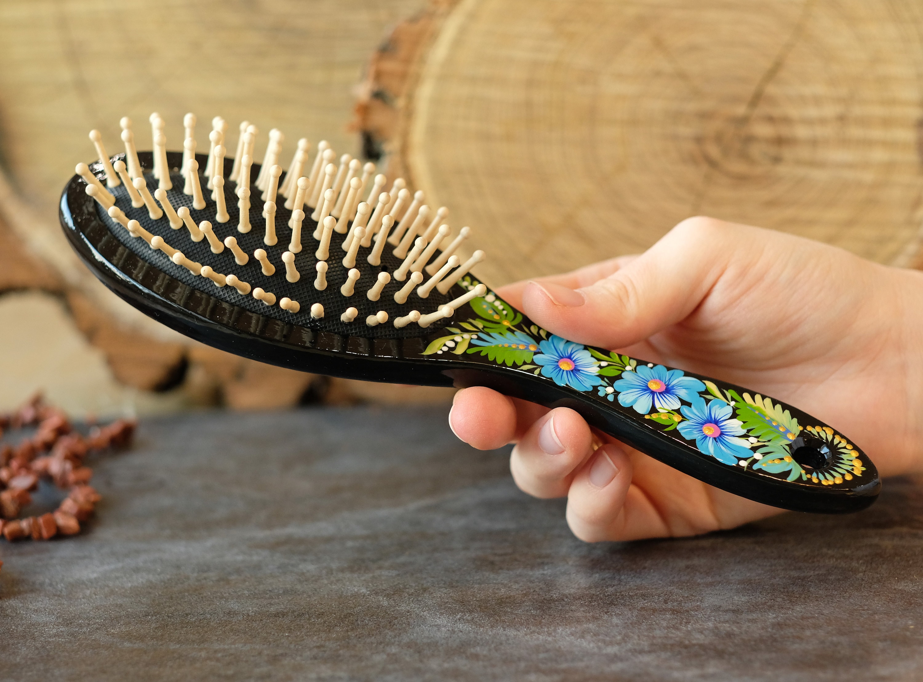 Wooden Hair Brush, Tree of Life Hair Brush, Wooden Bristle Brush, Fairy ...