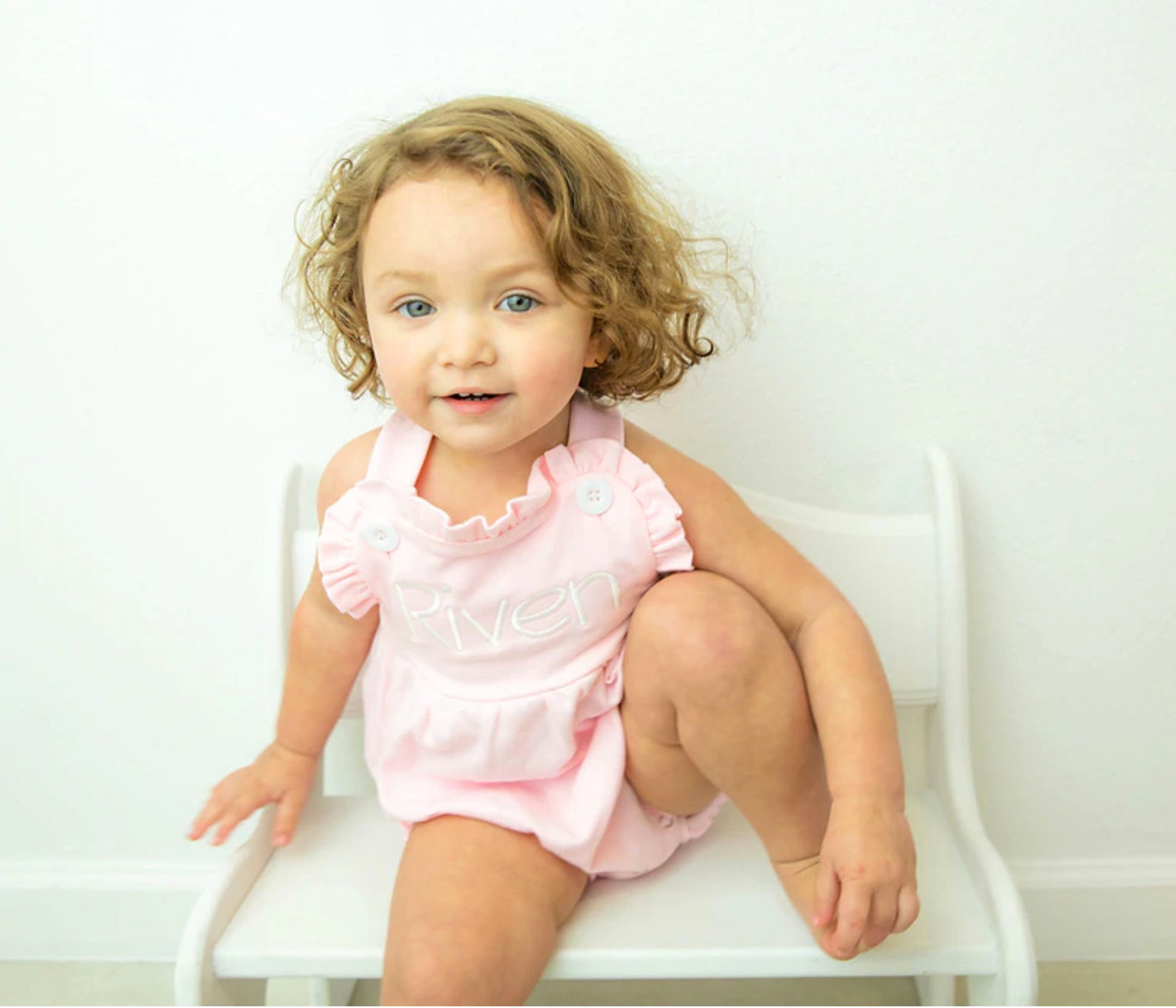 Girls Ruffle Romper With Floral Letter, White Ruffle Sunsuit ...