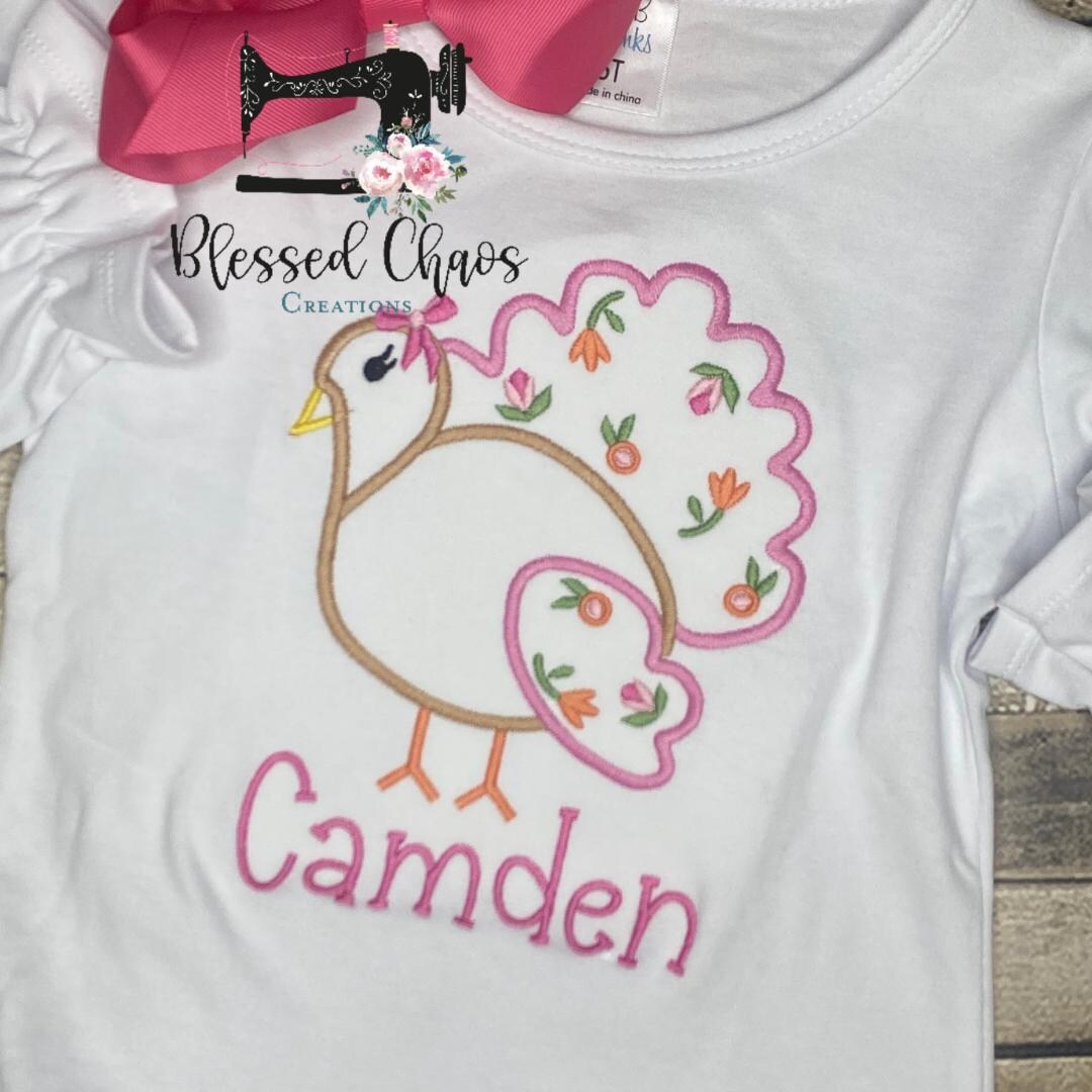 Embroidered Girls Thanksgiving Shirt, Embroidered Turkey, Floral Turkey ...