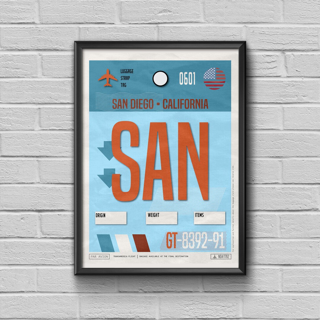 San Diego Airport Tag, California Travel Poster, San Diego Luggage Tag ...