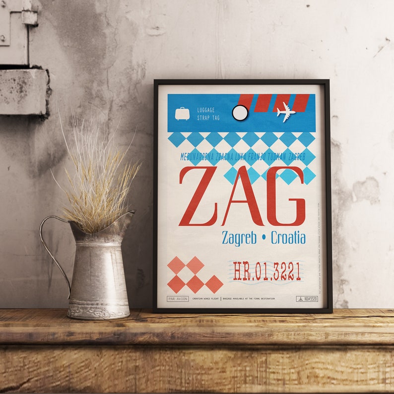 Zagreb Airport Tag Croatia Travel Poster ZAG Airport Code | Etsy